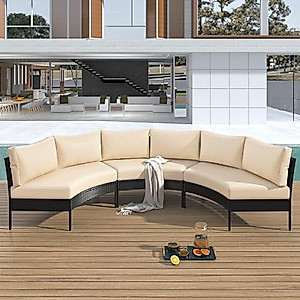 EOVTK 3-Piece Outdoor Furniture Patio Half-Moon Rattan Conversation Set, All Weather Curved Sectional Sofa with Thick Soft Cushions, Beige