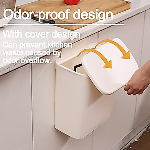 Hanging Kitchen Trash Can,2.4 Gallon Waste Bin with Lid for Kitchen,Small Plastic Compost Bin for Counter Top or Under Sink,Mountable Garbage Can for Bedroom,Bathroom, Cabinet,Car and Office,White