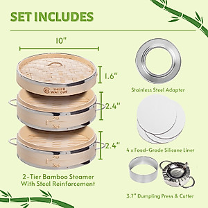 Dumpling Bamboo Steamer 10 Inch 2 Tier Wooden Basket With Handle, Ring Adapter, Reusable Silicone Liner, Kit For Cooking Baby Bao Bun, Dim Sum, Rice Potsticker Steaming Chinese Asian Food & Vegetables