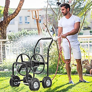 Hose Reel Hold Up To 300 Ft Heavy Duty Garden Hose Reel Sturdy Water Hose Reel Cart with 4 Wheels Storage Basket for Garden Lawn Yard Outdoor (Black)