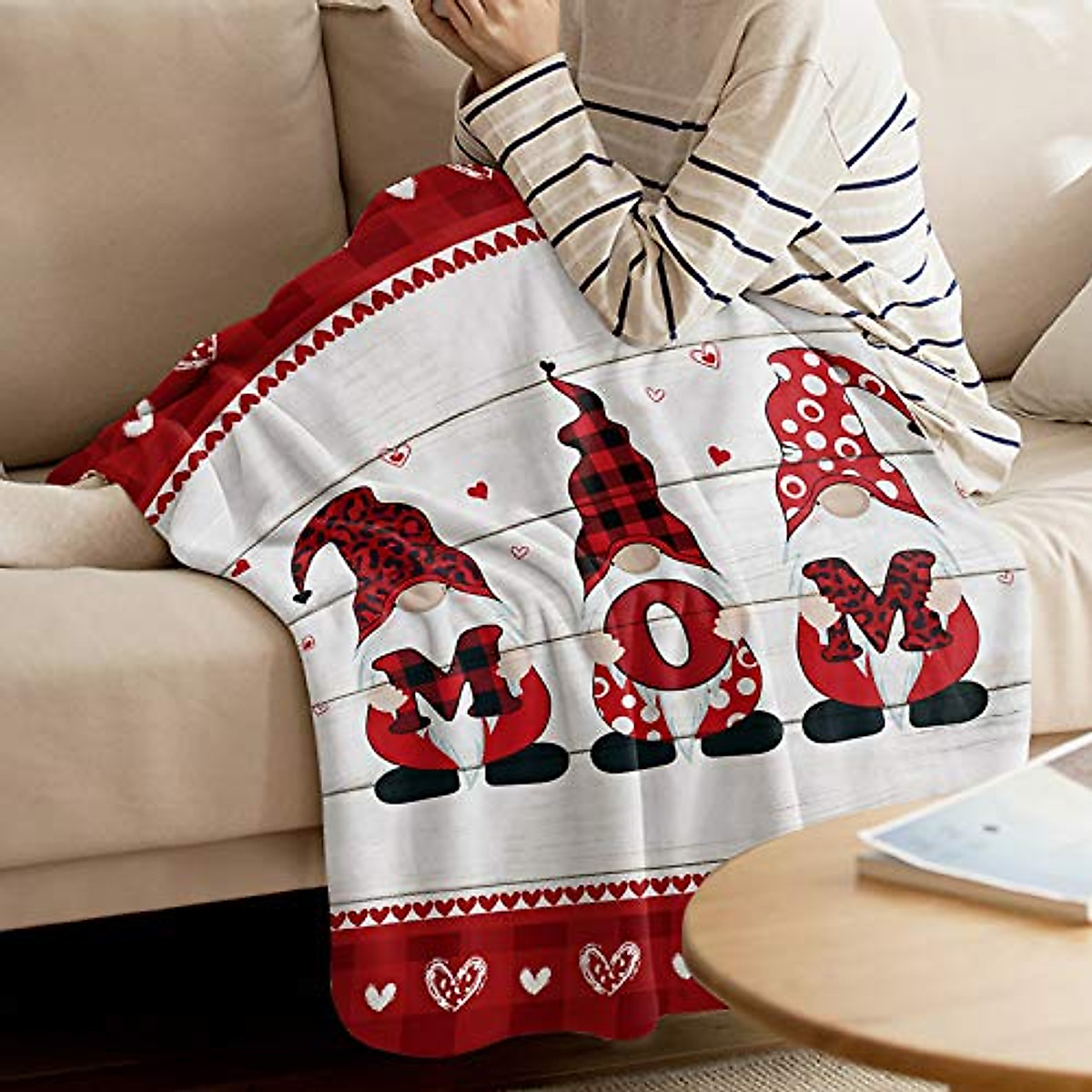 Flannel Fleece Throw Blanket Mother's Day Mom Heart Gnome 40x50 inches Reversible Soft Cozy Bed Blanket Red Check Wood Plank Microfiber Fluffy Lightweight Throw Blanket for Bed Couch Sofa Chair