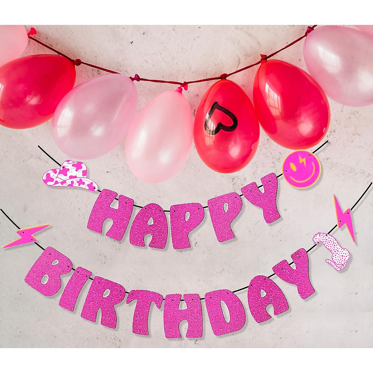 Hot Pink Happy Birthday Banner Preppy Happy Face Leopard Party Favors for Kids Teens Girls Birthday Bachelorette Early 2000s Theme Party Y2K Party Hippie Party Decorations