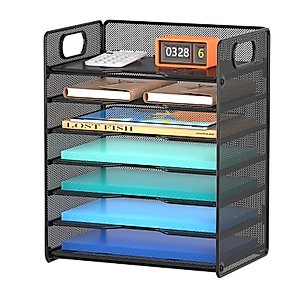 Samstar 7 Tier Paper Organizer Letter Tray with Handle, Mesh Desk Organizer Paper Sorter File Rack Shelves, Black