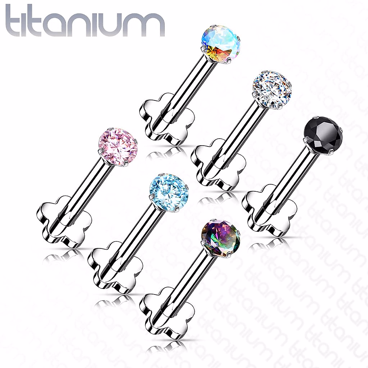Dynamique Implant Grade Titanium Threadless Push In Flower Base Labret, Flat Back Studs With CZ Prong Set Top For Cartilage, Monroe, Nose (Sold Per Piece)
