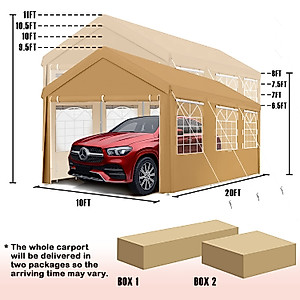 10'x20' Deluxe Metal Carport Garage Car Canopy, Height Adjustable Heavy Duty Car Shelter with Folding Windows, Portable Garage