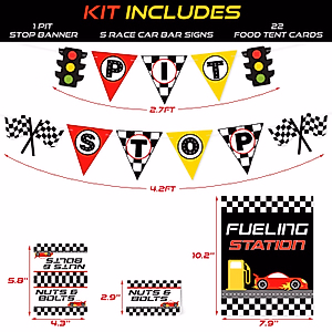 Race Car Bar Decorations Kit Racing Bar Signs Snack Tent Cards Pit Stop Banner for Race Car Birthday Party Decorations Let's Go Racing Theme Party Supplies