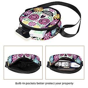 Sugar Skull Flowers Day of the Dead Crossbody Bag for Women Teen Girls Round Canvas Shoulder Bag Purse Tote Handbag Bag