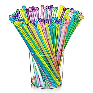 100 Pieces Disposable Plastic Round Top Crystal Swizzle Sticks (MultiColor)
