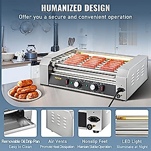 VEVOR Hot Dog Roller, 18 Hot Dog Capacity 7 Rollers, 1050W Stainless Steel Cook Warmer Machine with Dual Temp Control, LED Light and Detachable Drip Tray, Sausage Grill Cooker for Kitchen Restaurant