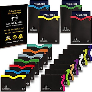 18 RFID Blocking Sleeves (14 Credit Card Holders & 4 Passport Protectors) Ultimate Premium Identity Theft Protection Sleeve Set for Men & Women. Smart Slim Profile Design (Color Numbered Versatile)