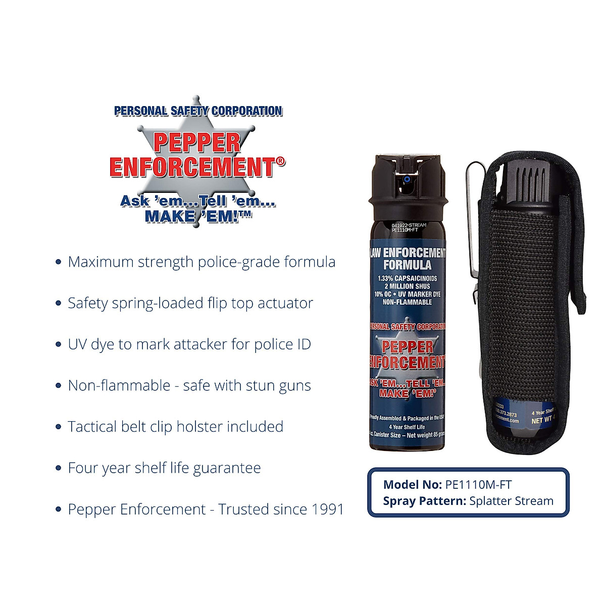 Pepper Enforcement PE1110M-FT Splatter Stream Pepper Spray with Metal Belt Clip Holster for Self Defense - Maximum Strength 10% OC Formula - Emergency Personal Safety & Protection