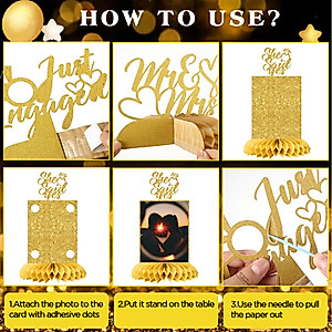 Gold Engagement Party Decorations Just Engaged Photo Table Centerpieces Gold Glitter Bridal Shower Table Topper Party Supplies He Asked, She Said Yes Honeycomb Centerpieces Wedding Engagement Decor