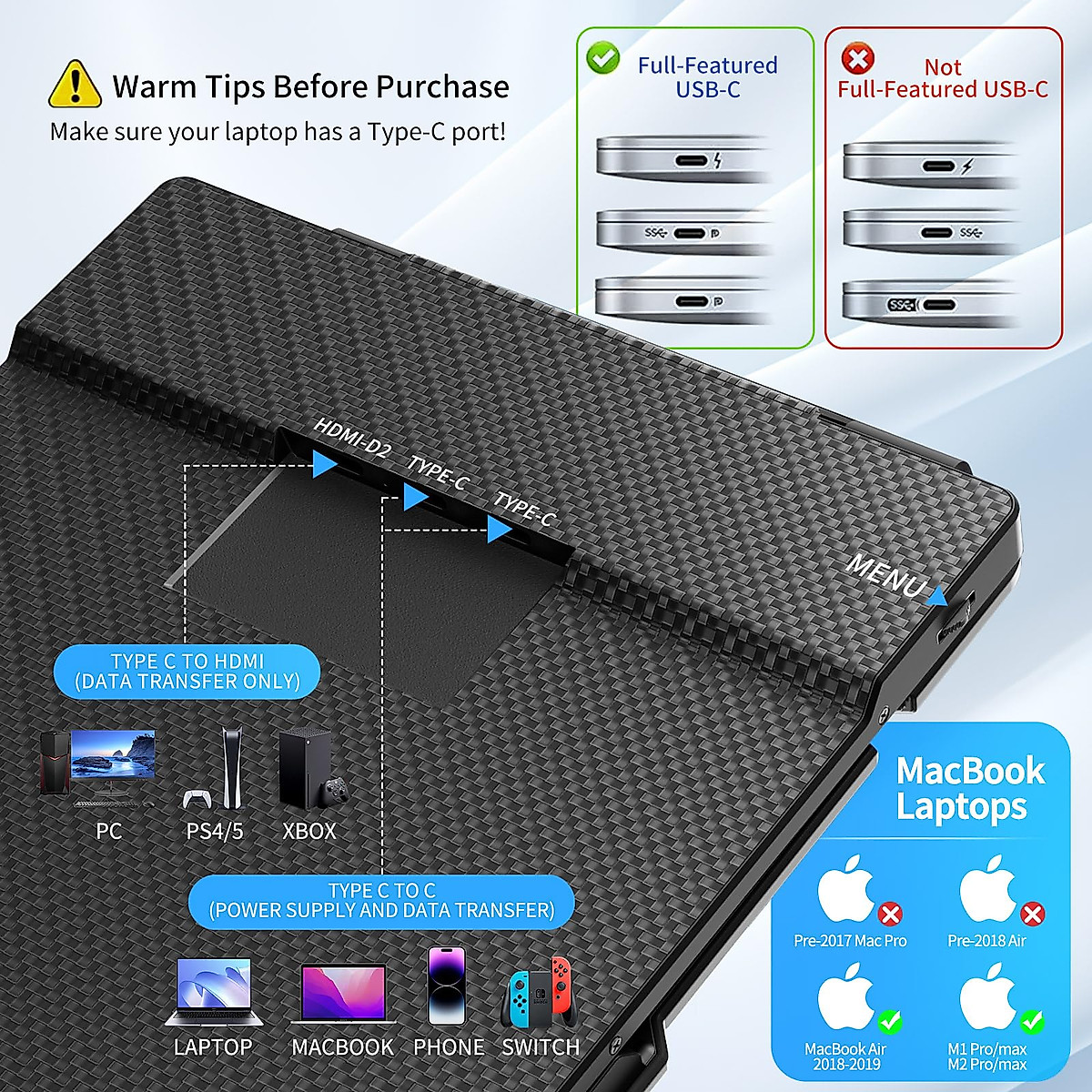 BOSII Laptop Screen Extender Portable - 14 Inch Triple IPS FHD 1080P HDMI/USB-A/Type-C Extended Monitor for Laptops (Maximum Length: 15.74") Compatible with Windows Mac Travel Gaming Work