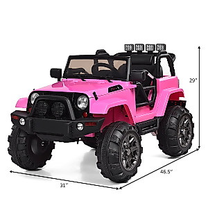 Costzon Ride On Car, 12V Battery Powered Electric Ride On Truck w/Parental Remote Control, LED Lights, Double Open Doors, Safety Belt, Music, MP3, Spring Suspension (Pink)