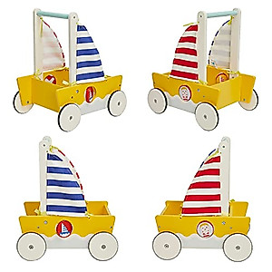 Yellow Blue Aircraft Wooden Baby Push Walker - 2-in-1 Toddler Push & Pull Toys Learning Walker Stroller Walker with Wheels for Baby Girls Boys 1-3 Years Old