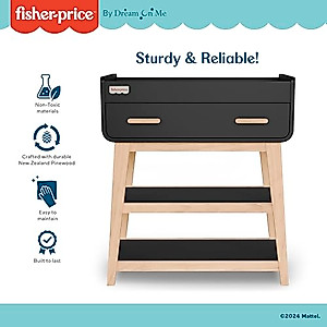 Fisher Price Iris/Siesta Changing Table by Dream On Me, Matte Black Vintage Oak, JPMA & Greenguard Gold Certified, with a Bottom Closed Drawer and Two Open Shelves for Storage