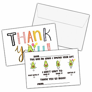 KFNER Kids Thank You Cards, Avocado Themed Fill In The Blank Thank You Card, Guacamole Thank You Notes for Boys Girls, Birthday Party Favors Supplies (25 Set of Cards with Envelopes) - A03