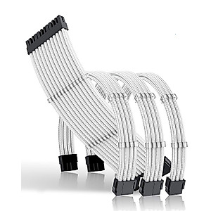 Sleeved Cables, PSU Extension Cable Kit for Power Supply, Fiber Braided ATX EPS PCI-E Cable with Combs, 30CM (White)