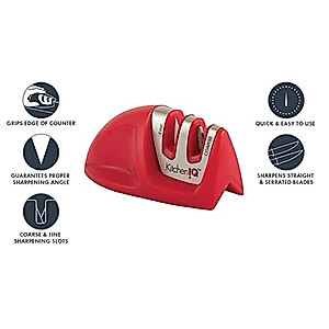KitchenIQ 50883 Edge Grip 2-Stage Knife Sharpener, Red, Coarse & Fine Sharpeners, Compact for Easy Storage, Stable Non-Slip Base, Soft Grip Rubber Handle, Straight & Serrated Knives
