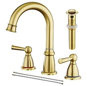 CREA Widespread Bathroom Faucet 3 Hole Brushed Gold Sink Faucet 8 inch with Pop Up Drain 2 Handle 4 inch Faucets for Vanity Lavatory Basin Restroom Bath Sink