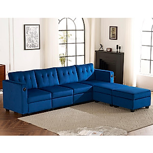 ohllob 6 Seat Modular Sectional Sofa with Storage & USB Ports, 108" Velvet Couches for Living Room, U Shaped Sofa Bed Couch, Blue
