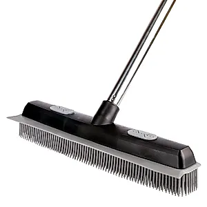Pet Hair Rubber Broom with Carpet Rake and Squeegee, 2 in 1 Floor Brush for Carpet, 58 inch Adjustable Handle,Silicone Broom Black