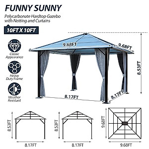 Funny Sunny10'x10' Hardtop Gazebo, Outdoor Gazebo with Translucent Roof, Polycarbonate Top Steel Frame Garden Tent with Breathable Mesh and Privacy Curtains for Patio Lawn Garden Backyard, Gray