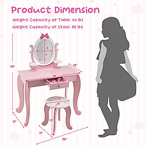 Costzon Kids Vanity Set with Mirror, 2 in 1 Princess Makeup Dressing Table w/Detachable Top, Toddler Vanity with 360° Rotating Mirror, Drawer & Stool, Pretend Play Vanity Set for Little Girls, Pink