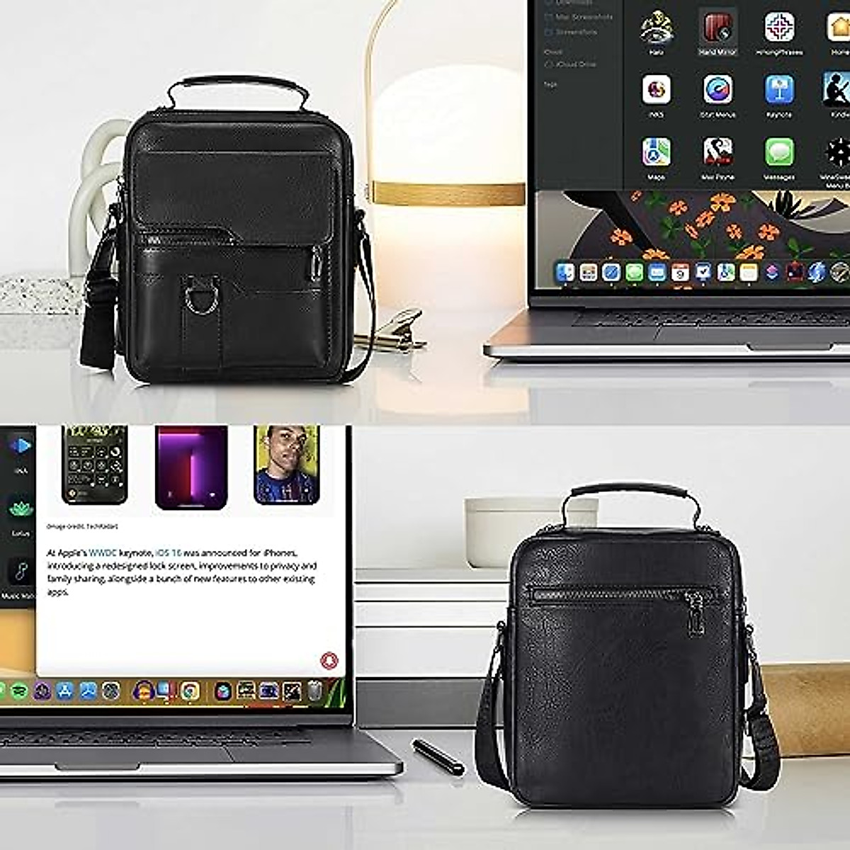 Small Messenger Bag for Men, Side Crossbody Shoulder Bag for Men Women Strap Sling PU Leather Messenger Bag for Hiking Walking Biking Travel Cycling, Black