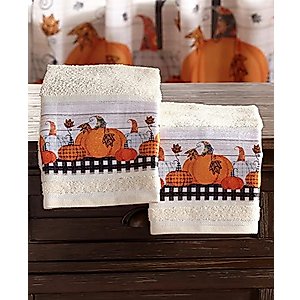 The Lakeside Collection Set of 2 Plaid Pumpkin Bathroom Hand Towels with Autumn Motif