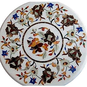 Pietra Dura White Marble Round 27" x 27" Inch Dining Table Top, Stone Coffee Table Top, Marble Centre Table Top Natural Indian Makrana White Marble Table Top, Piece Of Conversation