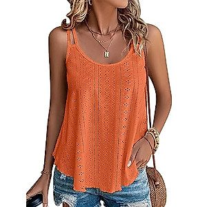 KKJ Womens Fashion Tank Tops Eyelet Embroidery Sleeveless Camisole Scoop Neck Loose Casual 2024 Summer Clothes Flowy Shirts Orange