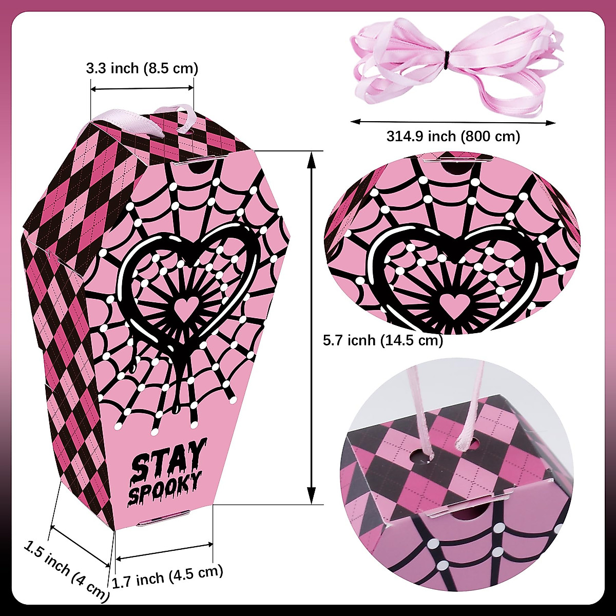HOMEZZO 24 Pcs Pink Spider Web Coffin Boxes, Spooky Goth Black Conquette Halloween Coffin Paper Candy Treat Gift Boxes for Halloween Party Decorations