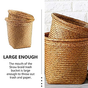 NOLITOY 2pcs Seagrass Waste Basket Woven Trash Can Wicker Waste Paper Basket Round Garbage Container Bin Rattan Laundry Basket Plant Pot for Bedroom Bathroom Kitchen Home Office
