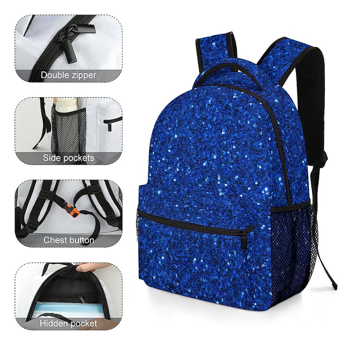 MEIKKO Navy Blue Glitter Backpack Bling Shiny 3d Large computer Bags with Chest Strap,Lightweight Casual Daypack for Women Men Hiking Travel Work and Business 16 Inch