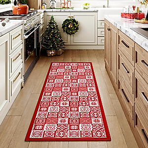 HUGEAR Christmas Area Rug 2x5 Runner Rugs Machine Washable Checkered Christmas Decorative Hallway Rugs Low Pile Carpet Red/White Xmas Non-Slip Indoor Door Mat for Bedroom Kitchen Entryway Bathroom