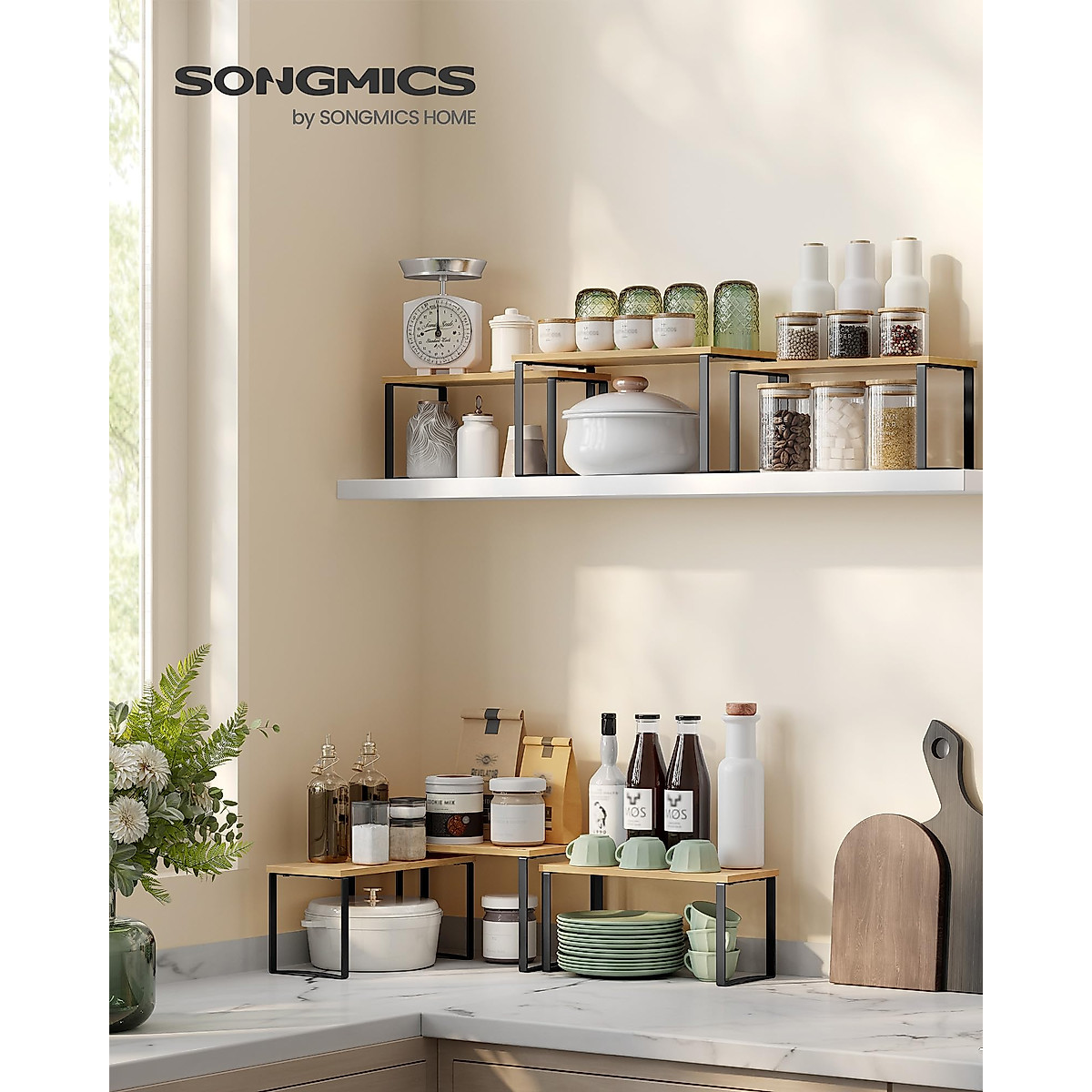 SONGMICS Cabinet Organizer Shelf, Set of 3 Kitchen Counter Shelves, Kitchen Storage, Spice Rack, Stackable, Expandable, Metal and Bamboo, Ink Black and Natural Beige UKCS014B01
