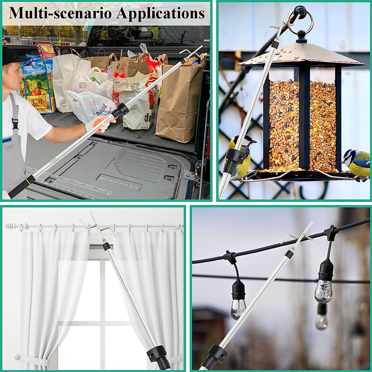 Greeily Clothes Hanger Reaching Hook, High Reach Garment Hook Telescopic Adjustable 37" to 63" for Hanging Clothes Plants Bird Feeders Christmas Light Pole Stainless Steel Material with 2 Long Hooks