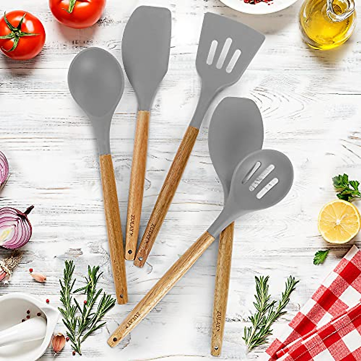 Zulay Kitchen Utensils Set - Non-Stick Silicone Cooking Utensils Set with Authentic Acacia Wood Handles - 5 Piece Silicone Utensil Set - Silicone Kitchen Utensils Set (Gray)