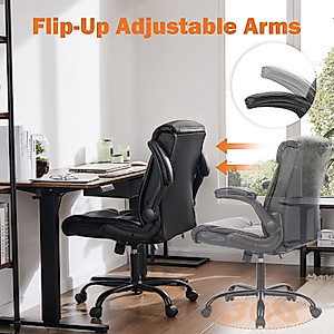 Sweetcrispy Ergonomic Executive Office Chair: Height Adjustable PU Leather Office Chair Flip-up Arms Mid Back Desk Chair with Wheels Computer Chair with Lumbar Support, Black