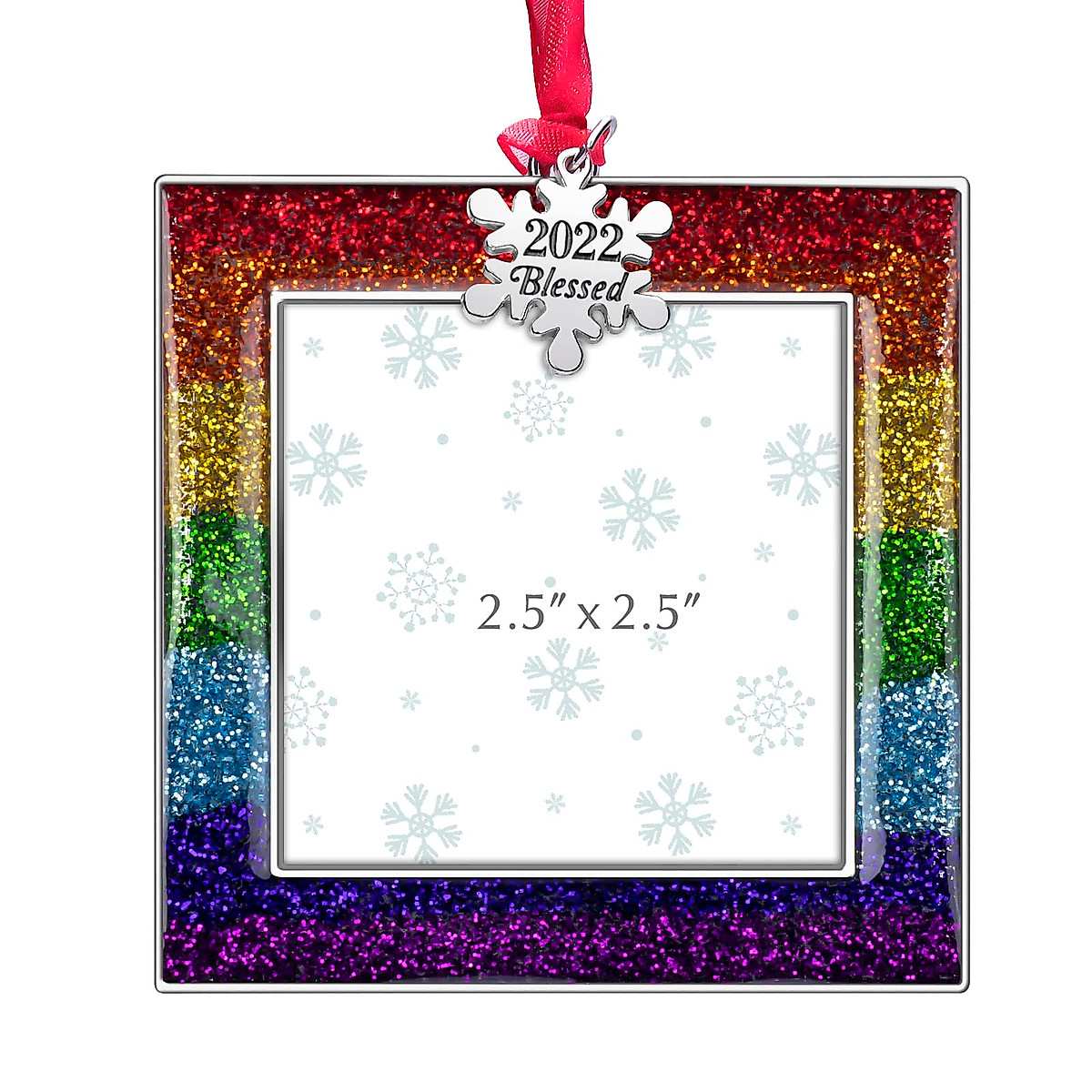 2022 Christmas Tree Ornaments - Made of Zinc Alloy Glitter Powder Pendant 2.5x2.5 Inch Picture Frame for Pet and Baby Holiday Keepsake Gift (Rainbow)