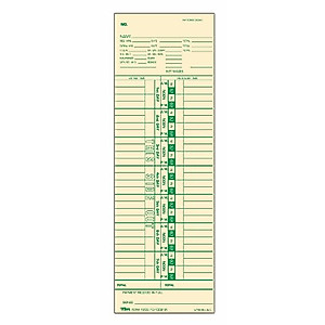TOPS Time Cards, Weekly, 1-Sided, Numbered Days, 3-1/2" x 10-1/2", Manila, Green Print, 500-Count (1255)