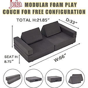 jela Kids Couch Extended Size 8PCS for Family, Floor Sofa Couch Modular Funiture for Kids Adults, Playhouse Play Set for Toddlers Babies, Modular Foam Play Couch Indoor 66" x 33" x 22" Darkgrey