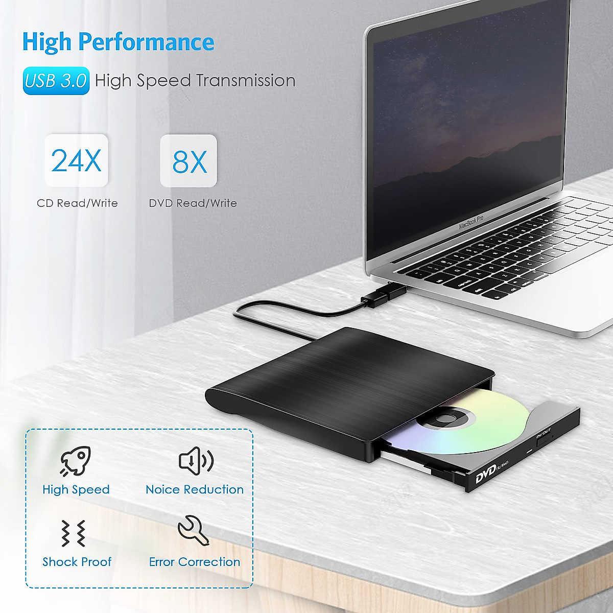 AMIR External CD DVD Drive, USB 3.0 & Type-C CD Burner, Portable CD DVD +/-RW Drive DVD Player for Laptop Notebook PC Desktop Computer