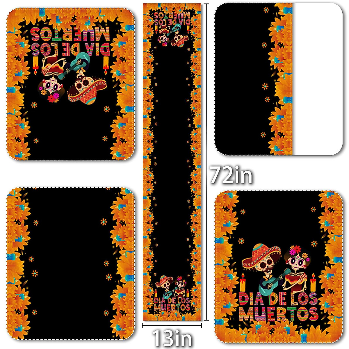 Mexican Day of The Dead Table Runner Mexico Dia De Los Muertos Sugar Skull Table Cover Dining Room Kitchen Home Indoor Outdoor Holiday Party Table Decoration (13" x 72")