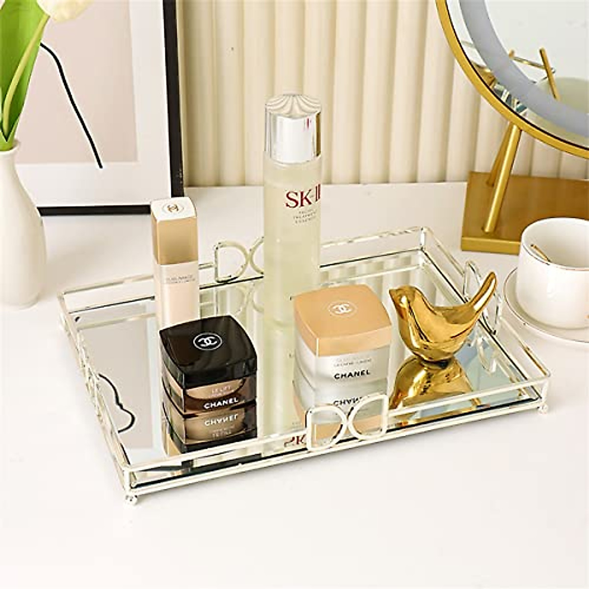 HAIGOUER Glass Perfume Tray Elegant Looking Silver Tray Large Silver Tray Decorative 10”x 14”x 2”