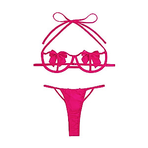 SOLY HUX Women's Two Piece Underwire Lingerie Set Bow Knot Cut Out Halter Bra and Panty Sleepwear Pure Hot Pink S