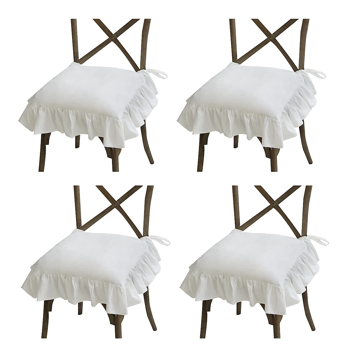 4 Pack Chair Pads for Dining Chairs with Ruffled, Vintage Seat Cushion with Ties Non Slip Kitchen Chairs Cushion Pads Soft Cotton Washable (Pure White,40*40cm/15.7*15.7in)