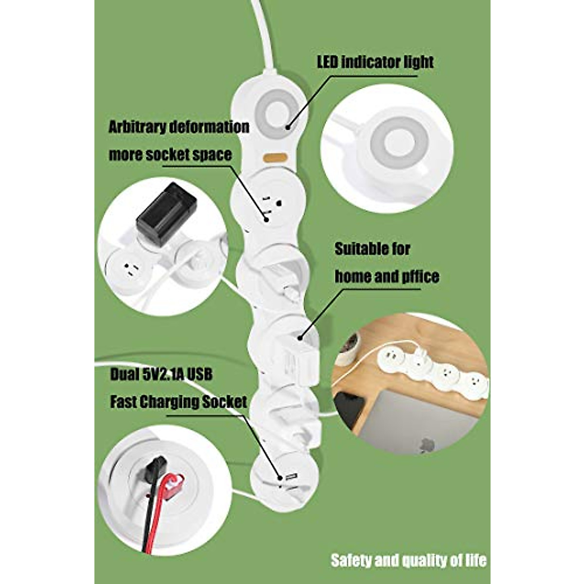 Flexible Surge Protector Power Strip, 6 Feet Long Cord 4 Outlets 2 USB （10V/13amp Flat Plug） with Overload Protection Extension Cord,Suitable for Home Office Travel,White