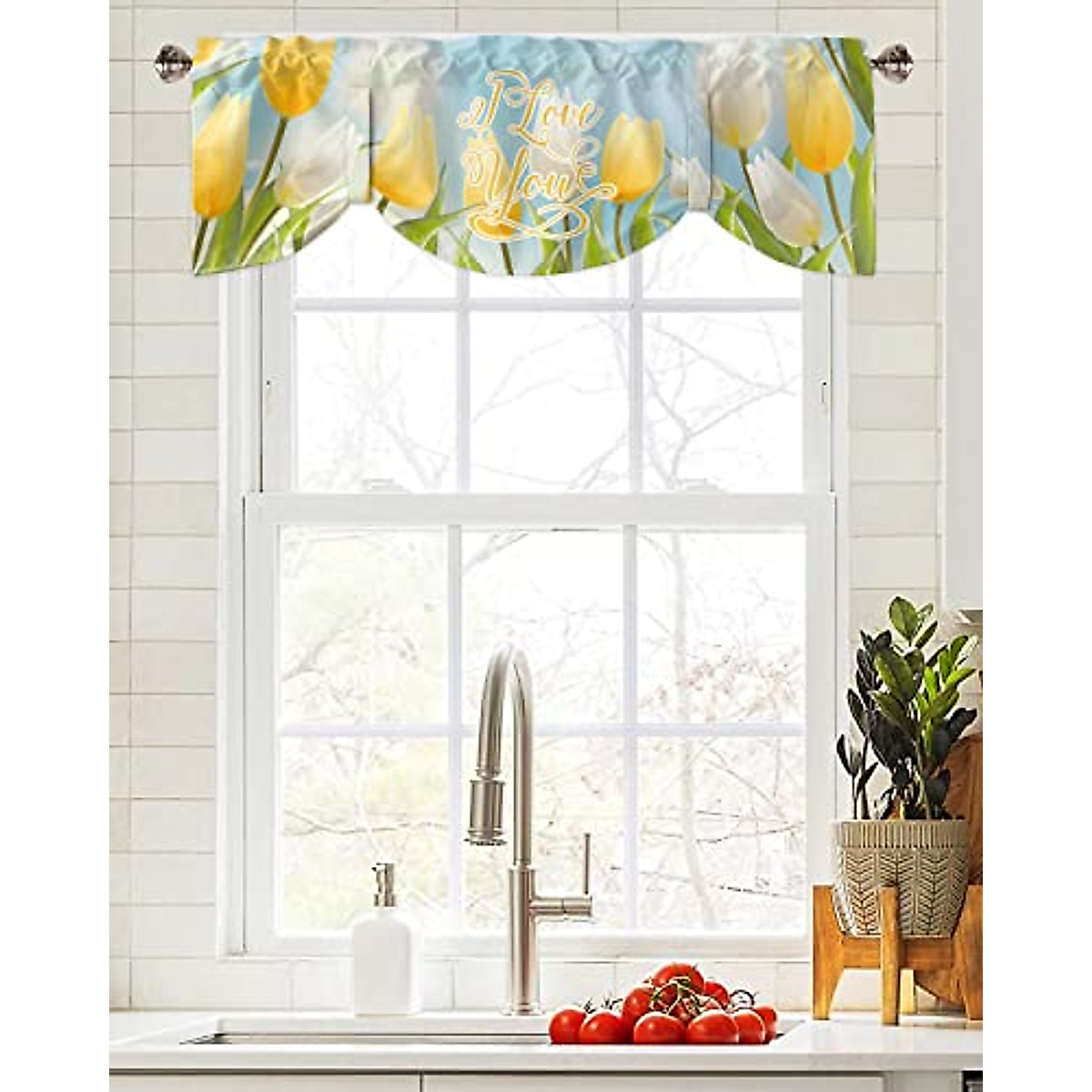 Sabolny Tulip Floral Tie Up Valance Curtain for Kitchen Living Room Bedroom Bathroom Cafe, Rod Pocket Small Short Window Drape Panel Adjustable Drapary Print, Spring Gold White Flower Bow 60"x18"